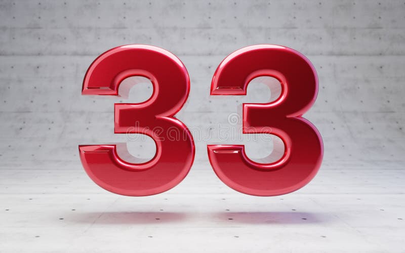 Red Number 33. Metallic Red Color Digit Isolated on Concrete Background ...