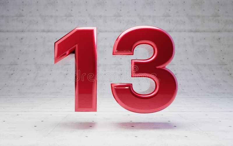 Red Number 13. Metallic Red Color Digit Isolated on Concrete Background ...
