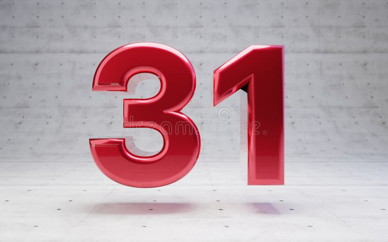 Red Number 31. Metallic Red Color Digit Isolated on Concrete Background ...