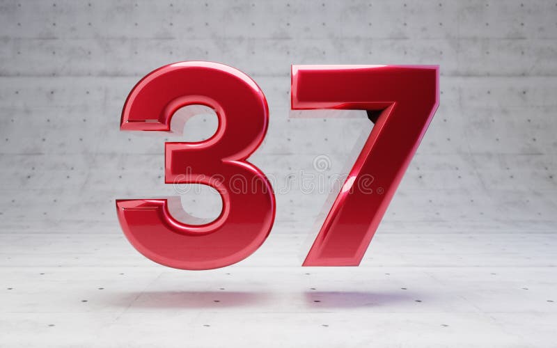 Red Number 37. Metallic Red Color Digit Isolated on Concrete Background ...