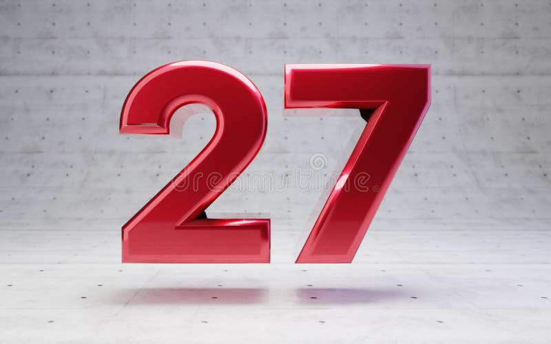 Red Number 27. Metallic Red Color Digit Isolated on Concrete Background ...