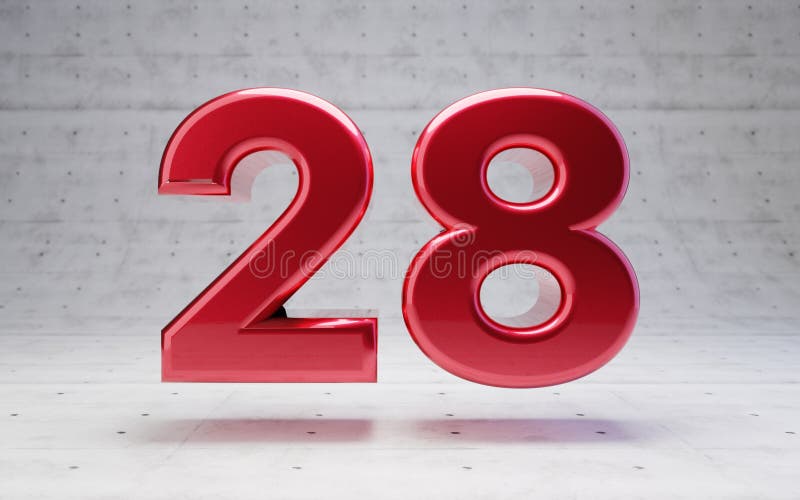 Red Number 28. Metallic Red Color Digit Isolated on Concrete Background ...