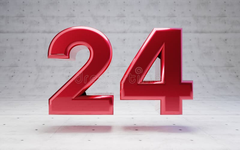 Red Number 24. Metallic Red Color Digit Isolated on Concrete Background ...