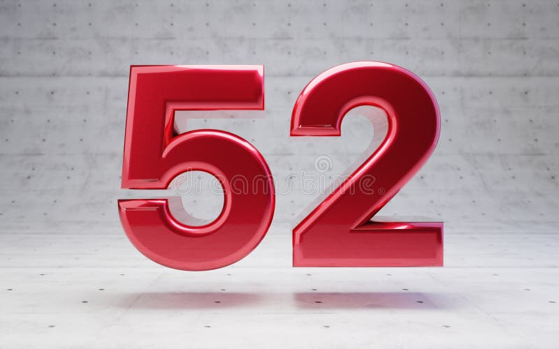 Red Number 52. Metallic Red Color Digit Isolated on Concrete Background ...