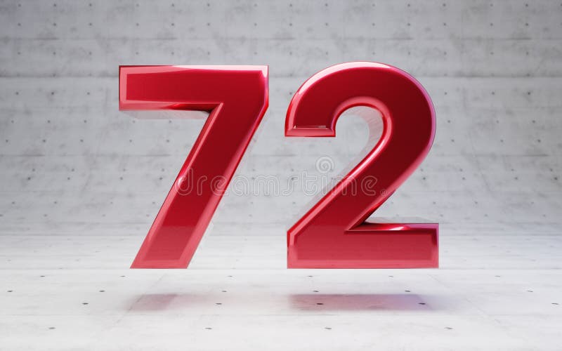 Red Number 72. Metallic Red Color Digit Isolated on Concrete Background ...
