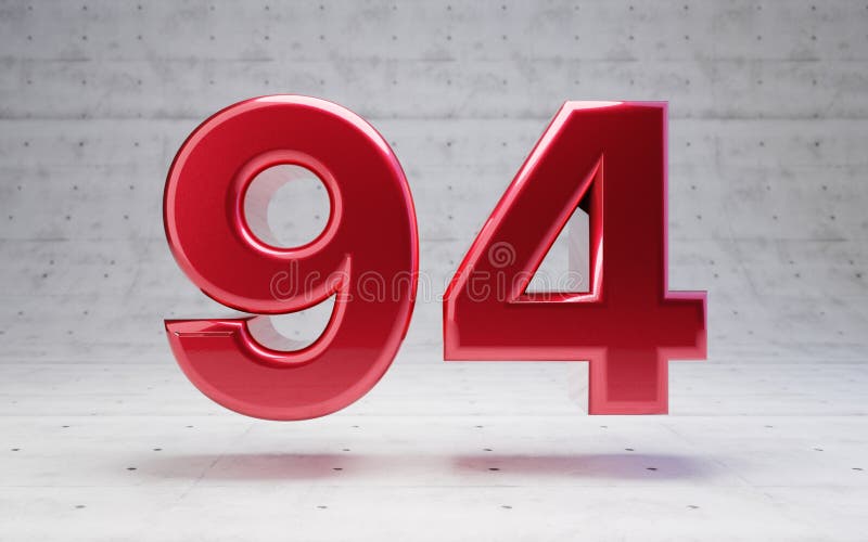 Red Number 94. Metallic Red Color Digit Isolated on Concrete Background ...