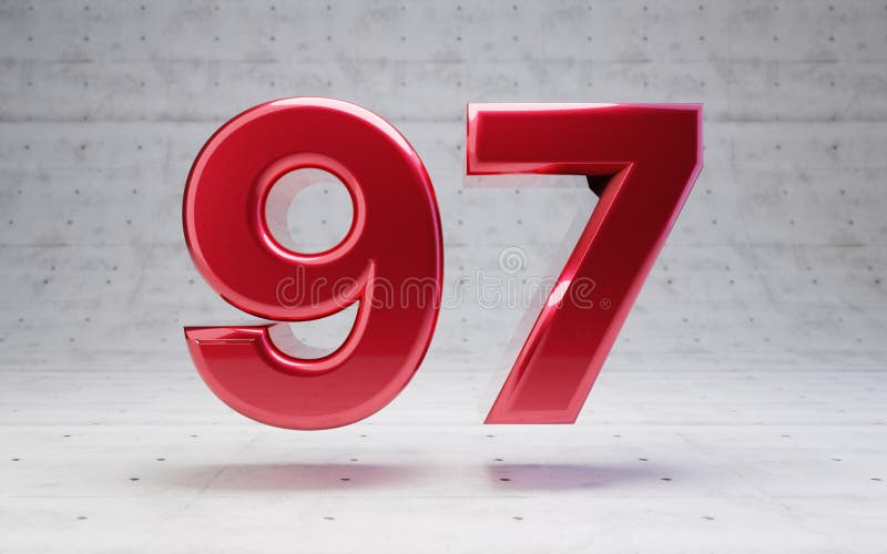 Red Number 97. Metallic Red Color Digit Isolated on Concrete Background ...