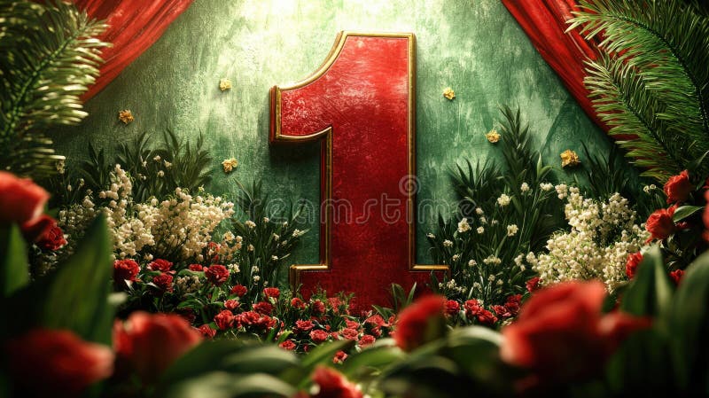 Red Number One Amidst Lush Greenery and Flowers in a Dramatic Setting ...