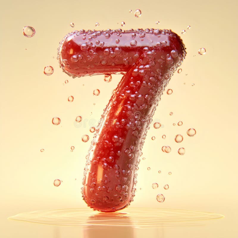 Red Number Seven with Bubbles Rising from Yellow Liquid Stock ...