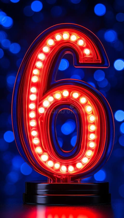 Red Number Six, Illuminated Numeral Six Light, Glowing Number Six on a ...