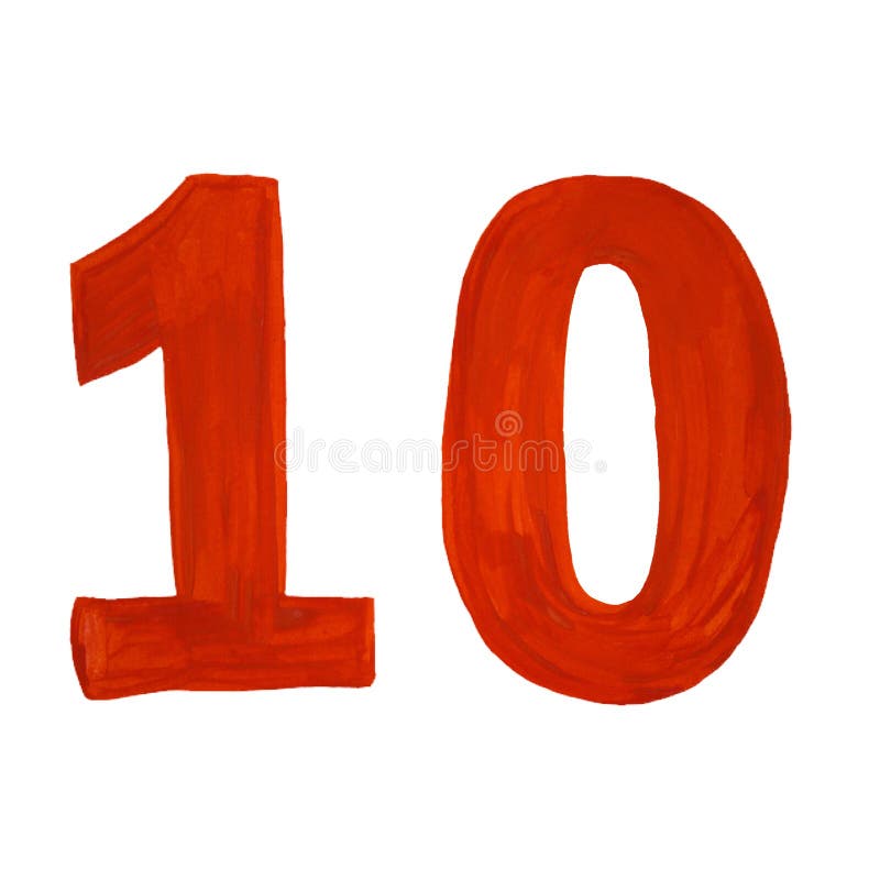 Red Number Ten Drawn Gouache. Isolated on a White Background Stock ...