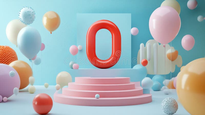 Red Number Zero on Pink Steps with Pastel Balloons Stock Illustration ...