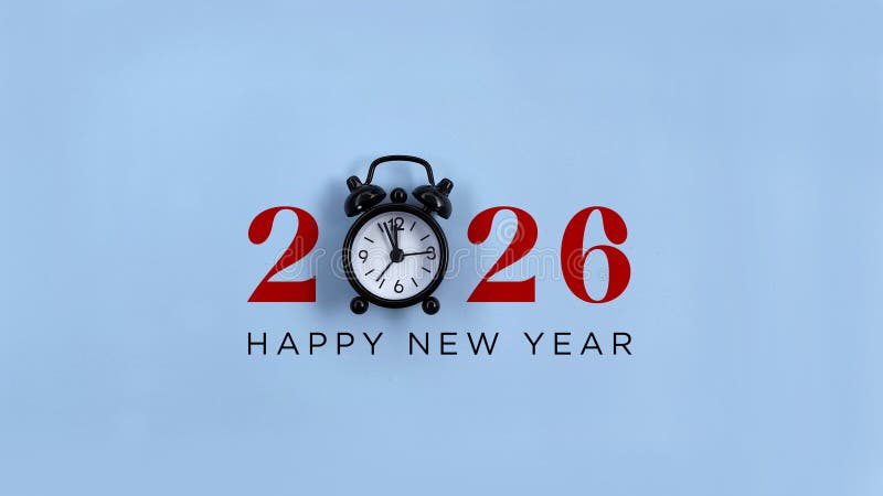 Happy New Year 2026 Text with Black Alarm Clock on Blue Background ...