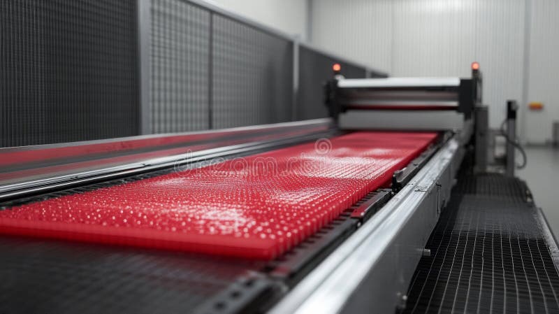 Red Objects Moving on a Conveyor Belt in a Factory Stock Illustration ...