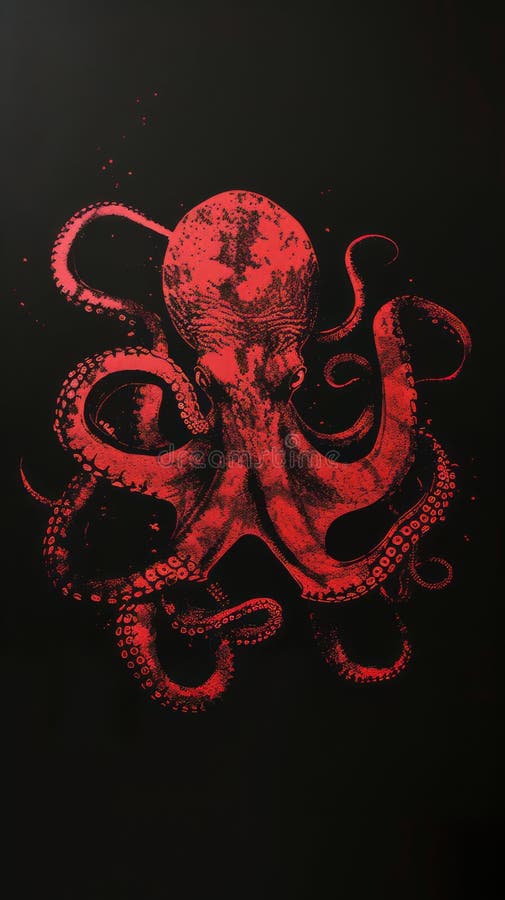 Red Octopus on a Black Background with Watercolor Splashes Stock Photo ...