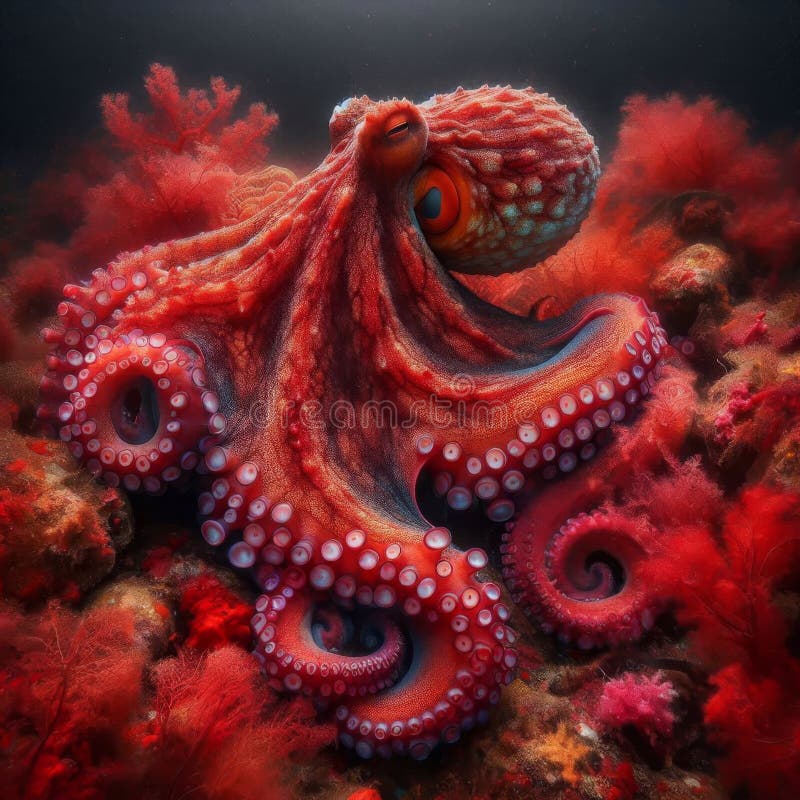A Red Octopus Blending with Red Rocks Underwater Stock Illustration ...