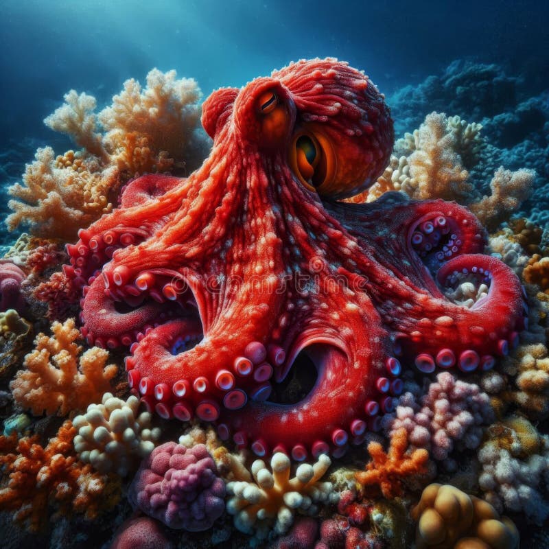 A Red Octopus Blending with Red Rocks Underwater Stock Illustration ...