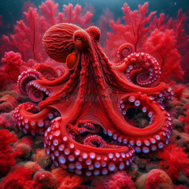 A Red Octopus Blending with Red Rocks Underwater Stock Illustration ...