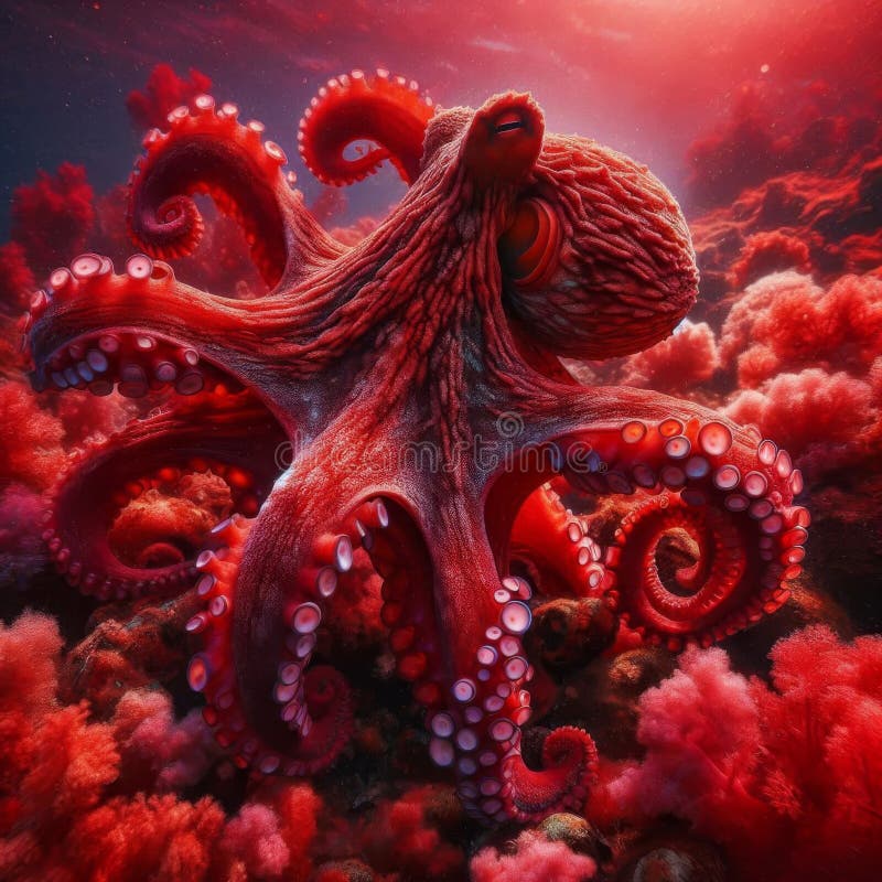 A Red Octopus Blending with Red Rocks Underwater Stock Illustration ...