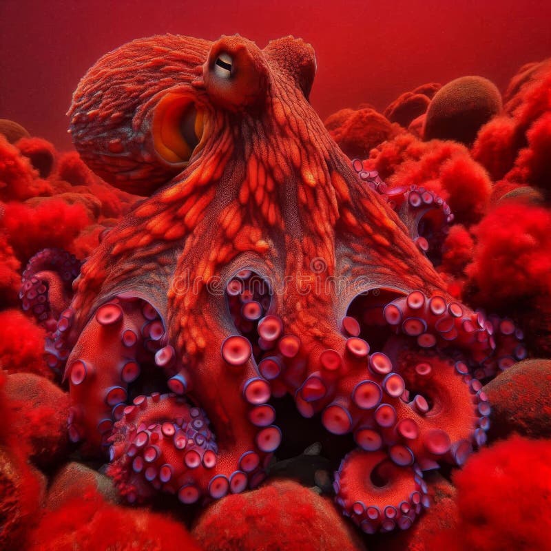 A Red Octopus Blending with Red Rocks Underwater Stock Illustration ...