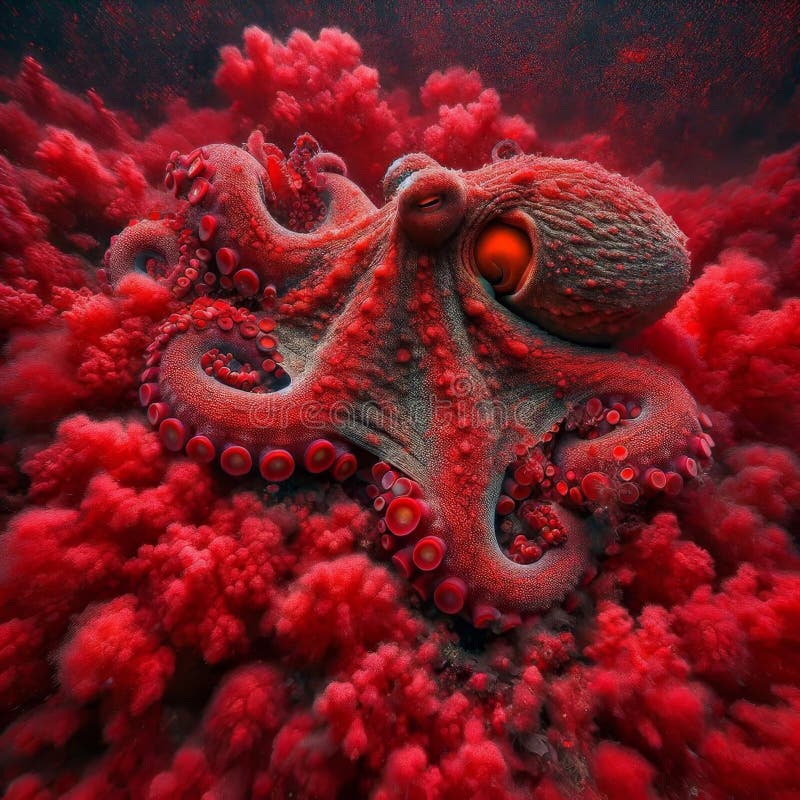 A Red Octopus Blending with Red Rocks Underwater Stock Illustration ...