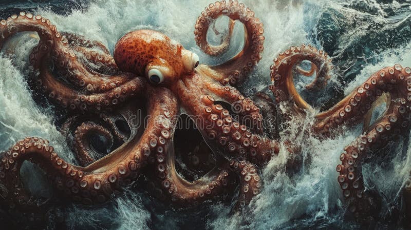 Red Octopus in Dark Ocean Water Stock Illustration - Illustration of ...