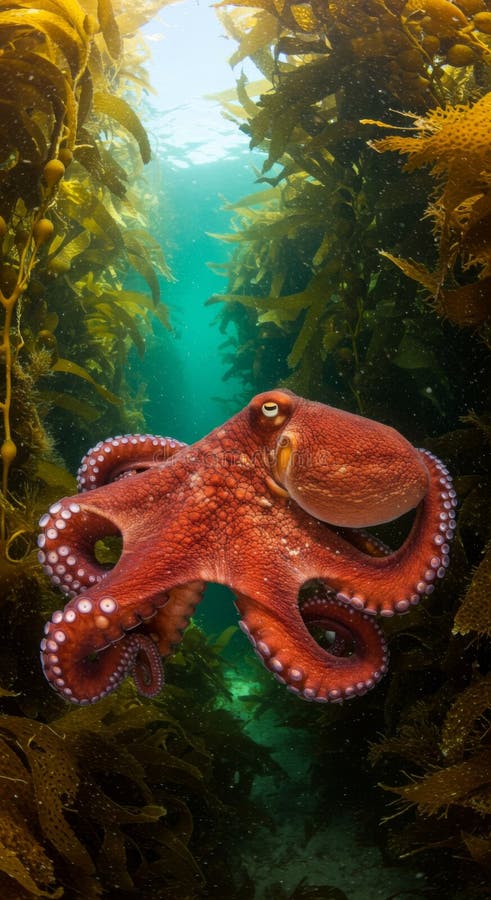 Red Octopus in Kelp Forest Underwater Stock Illustration - Illustration ...