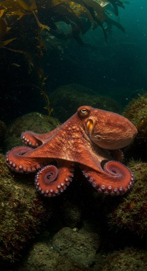 Red Octopus in Kelp Forest Underwater Habitat Stock Illustration ...