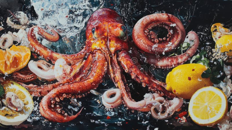 Red Octopus with Lemon and Squid on Dark Background Stock Illustration ...