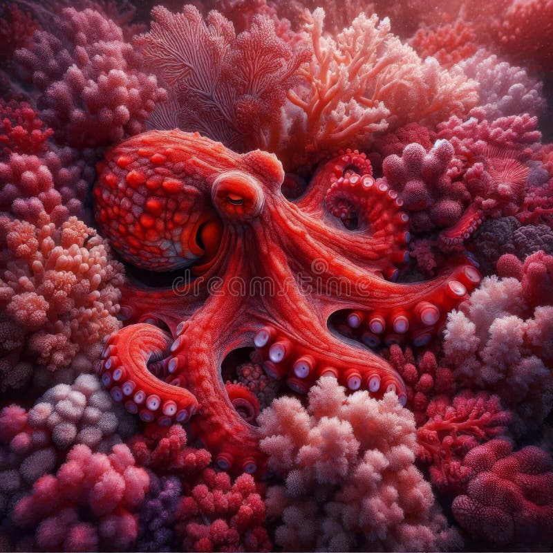 A Red Octopus Walking among the Rocks Underwater Stock Illustration ...