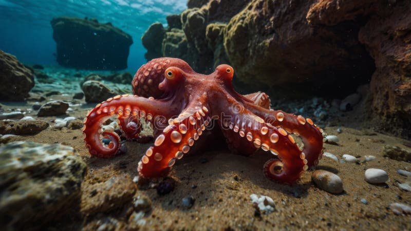 A Red Octopus Walking among the Rocks Underwater Stock Illustration ...