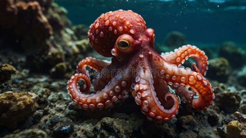 A Red Octopus Walking among the Rocks Underwater Stock Illustration ...