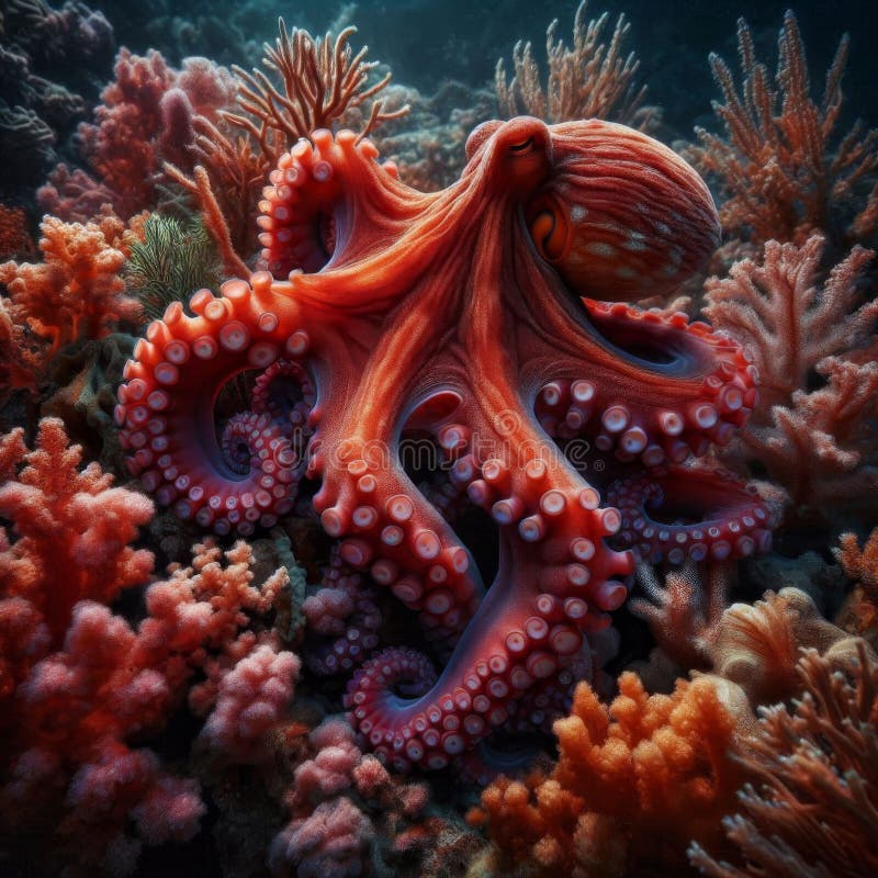 A Red Octopus Walking among the Rocks Underwater Stock Illustration ...