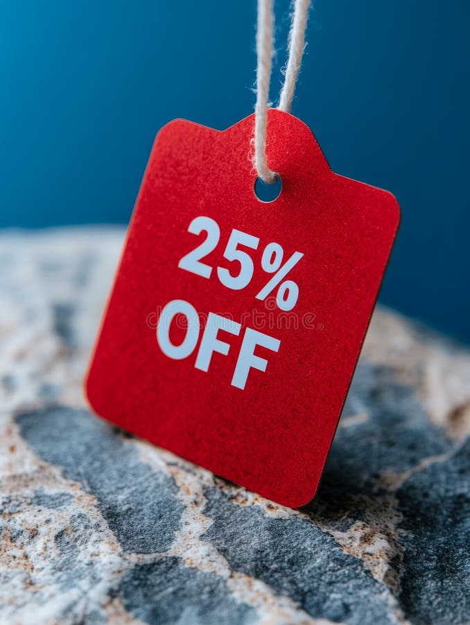 Red 25 Off Tag on Rock with Blue Background. Stock Photo - Image of ...