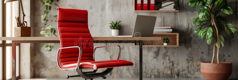 Red Office Chair Placed in Front of the Table with Laptop Modern ...
