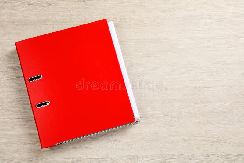 Red Office Folder on White Wooden Table, Top View. Space for Text Stock ...