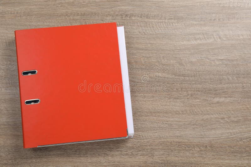 Red Office Folder on Wooden Table, Top View. Space for Text Stock Photo ...