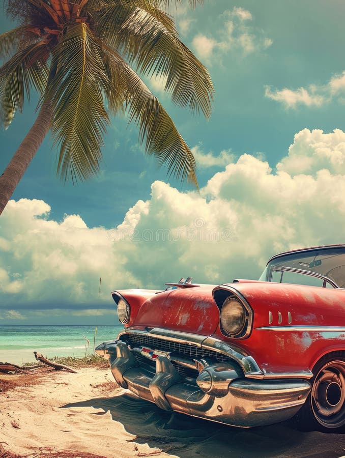 Red Old Car Parked on a Tropical Beach Stock Illustration ...
