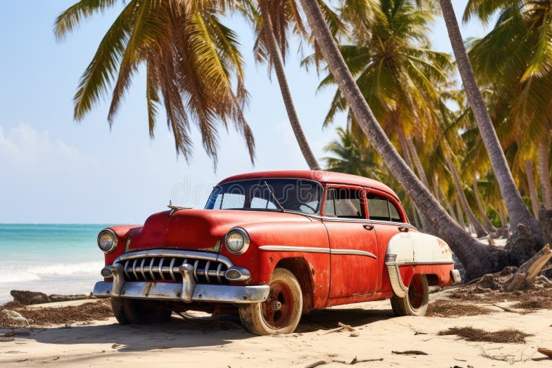Red Old Car Parked on a Tropical Beach Stock Illustration ...