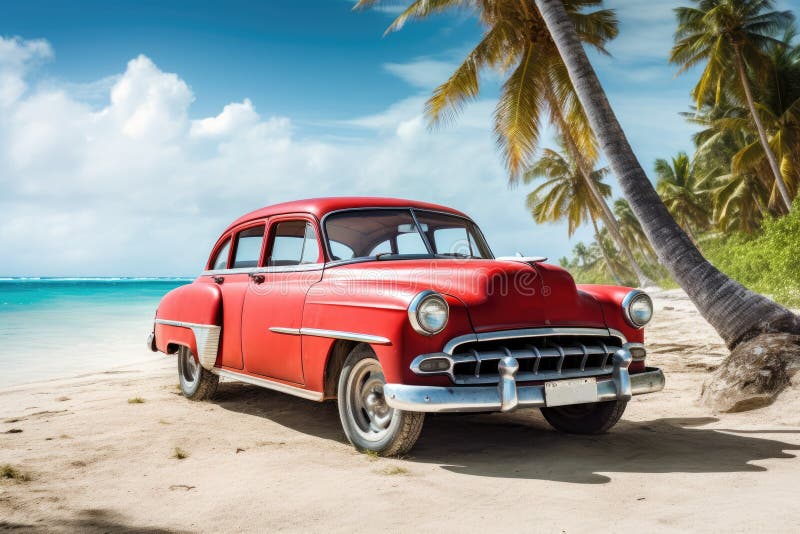 Red Old Car Parked on a Tropical Beach Stock Illustration ...
