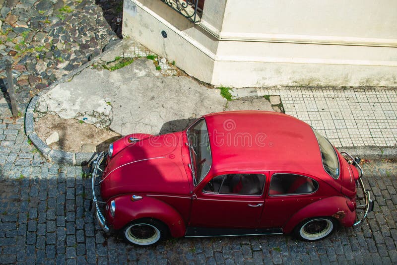 Red Old Car on Stone Road in Colonia, Uruguay Stock Image - Image of ...