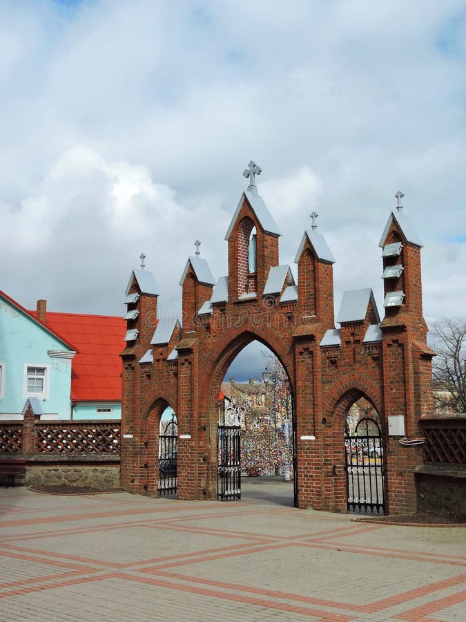 Red Old Church Gate, Lithuania Stock Image - Image of town, church ...