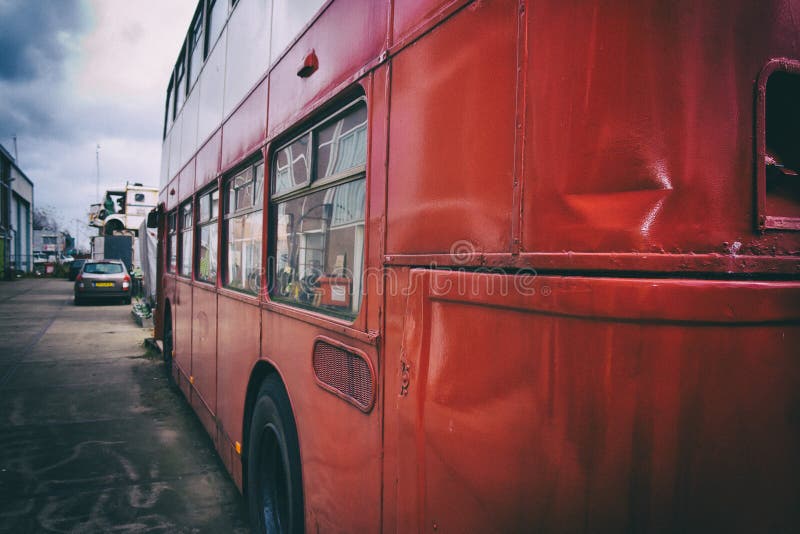 Red old bus stock image. Image of decker, double, dented - 135232575