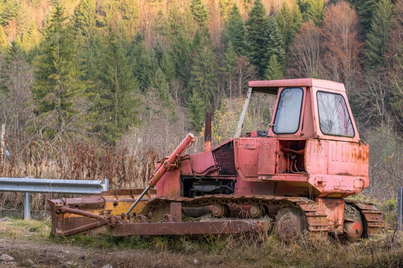 Red old tractor in field stock image. Image of vehicle - 269516351