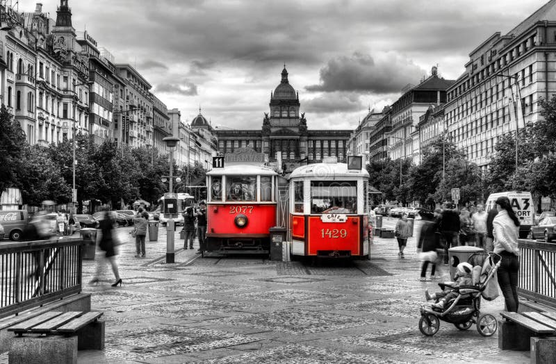 Red old train in Prague editorial photography. Image of vaclav - 63700052