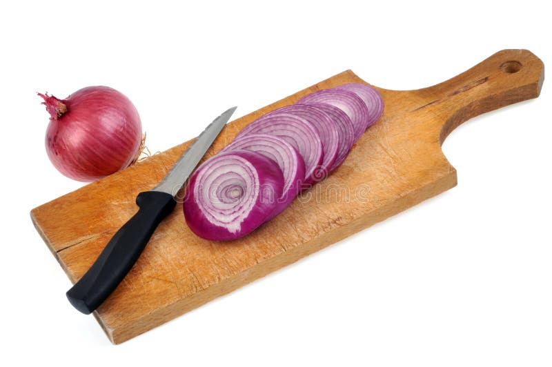 Red Onion Cut on a Cutting Board on a White Background Stock Photo ...