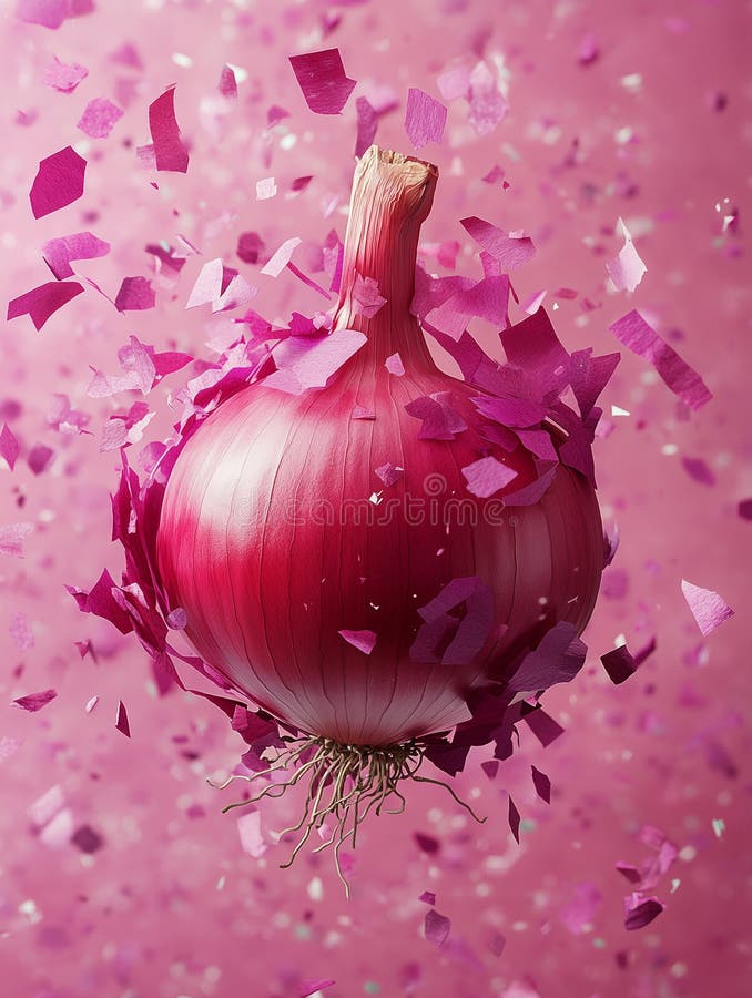 Red Onion Disintegrating into Colorful Paper Confetti, Creating Vibrant ...
