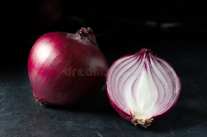 Red Onion. Large Onion and Sliced. Black Background Stock Image - Image ...