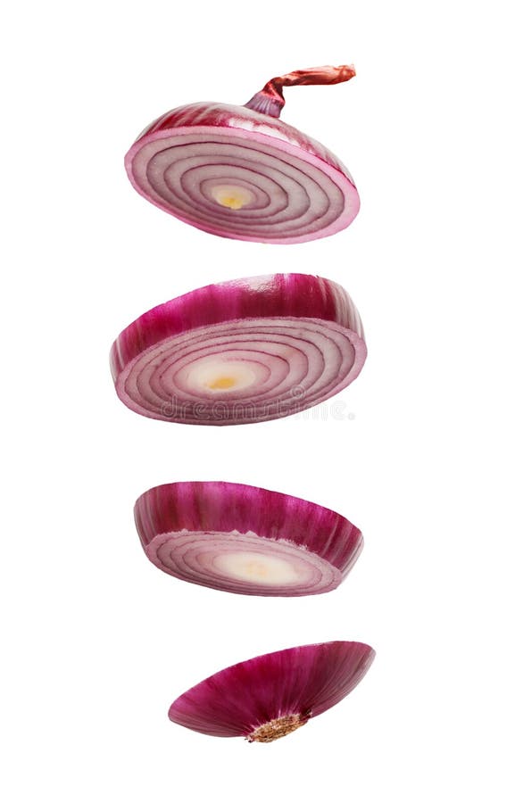 Red Onion Rings Falling in Slices Bottom View Isolated on White ...
