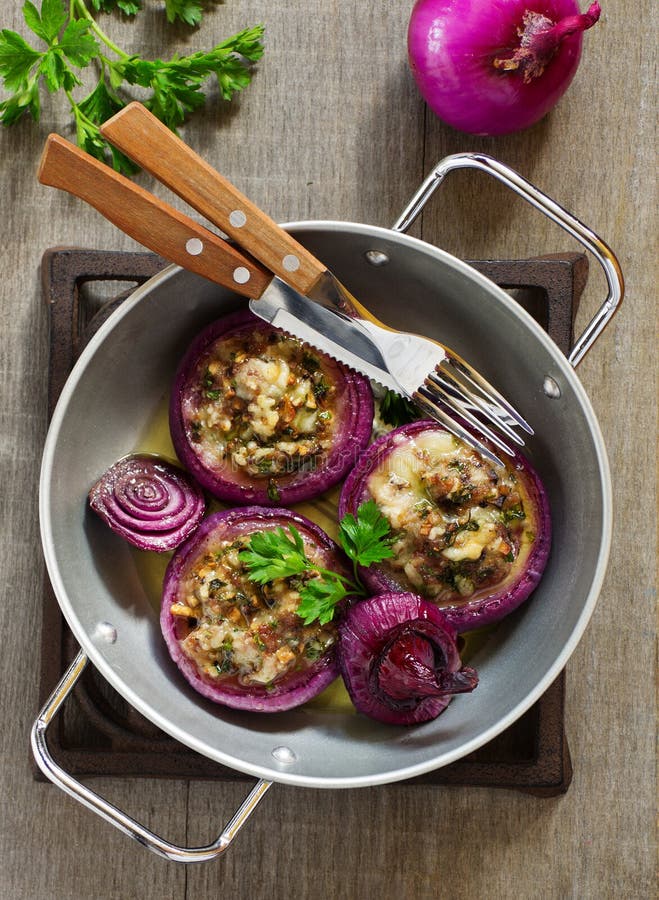 Red Onions Stuffed with Goat Cheese Stock Photo - Image of specialty ...